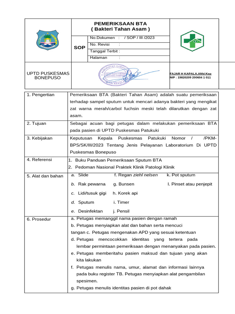 Sop Pemeriksaan Bta (Bakteri Tahan Asam) | PDF