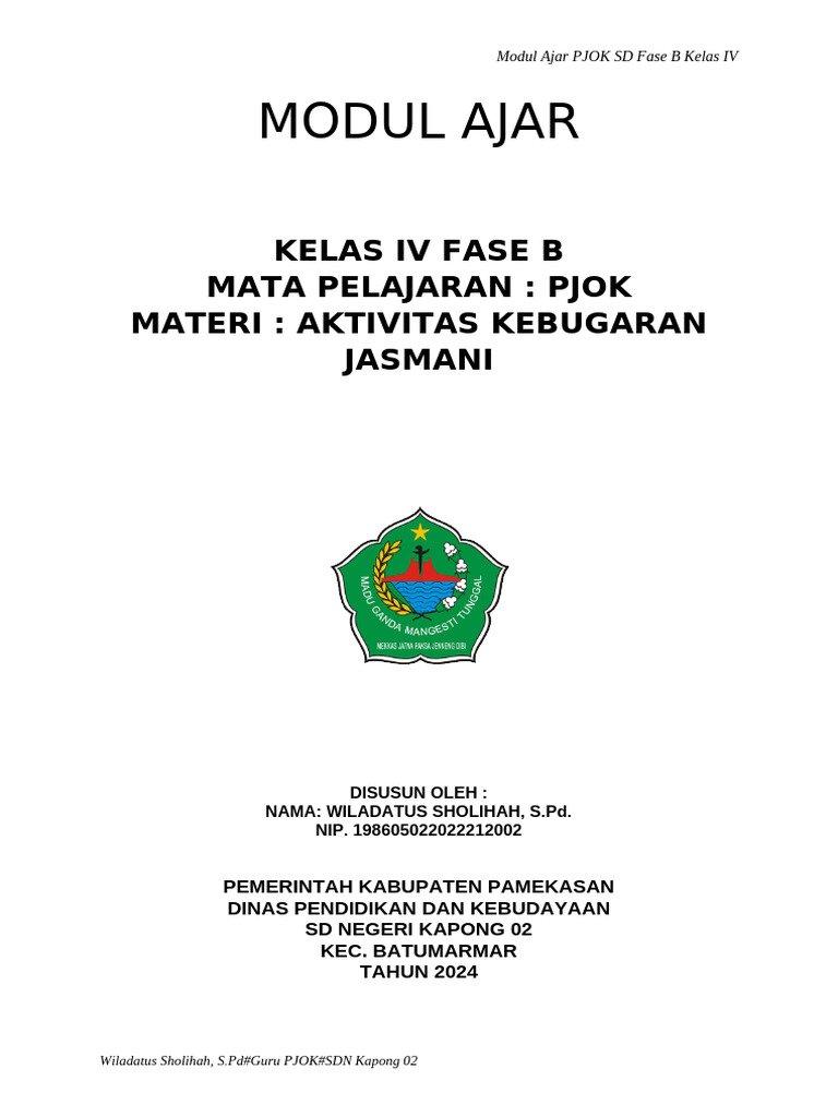 MODUL AJAR - PJOK - 4 - WILADATUS - Aktivitas Kebugaran Jasmani | PDF | Karier & Perkembangan ...