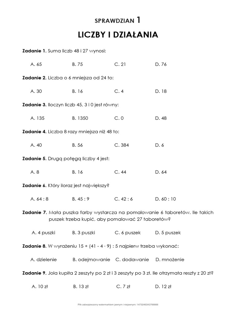 Sprawdziany Matematyka Klasa IV Liczby I Dzialania Kopia | PDF