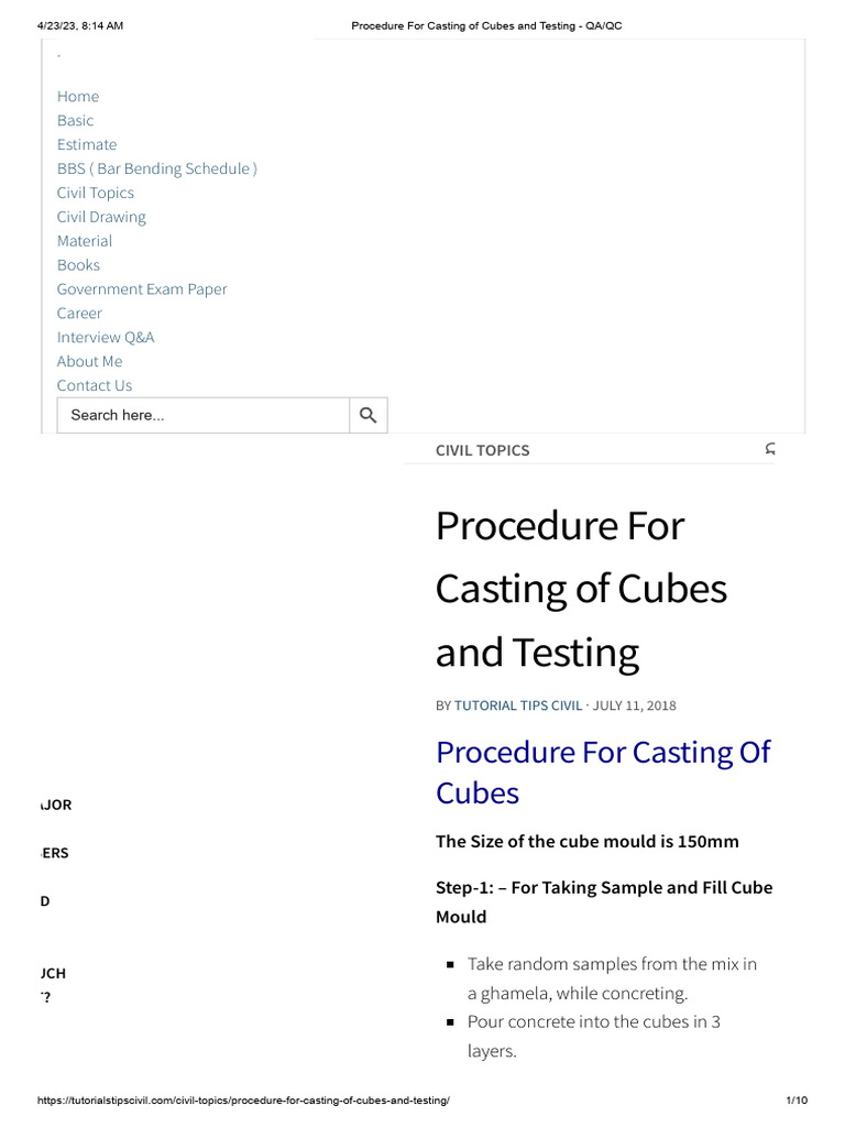 Procedure For Casting Of Cubes And Testing Qa Qc Pdf Volume Density