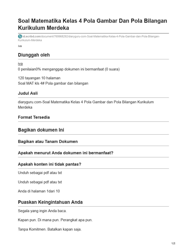 Soal Matematika Kelas 4 Pola Gambar Dan Pola Bilangan Kurikulum Merdeka | PDF