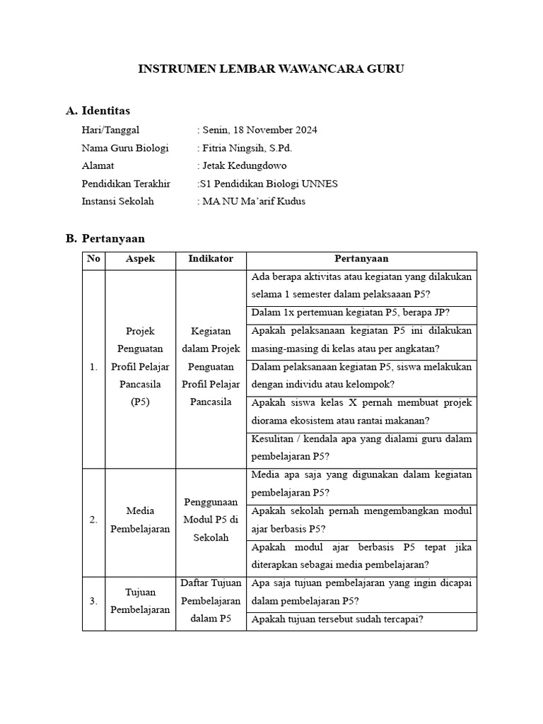 Instrumen Lembar Wawancara Guru | PDF