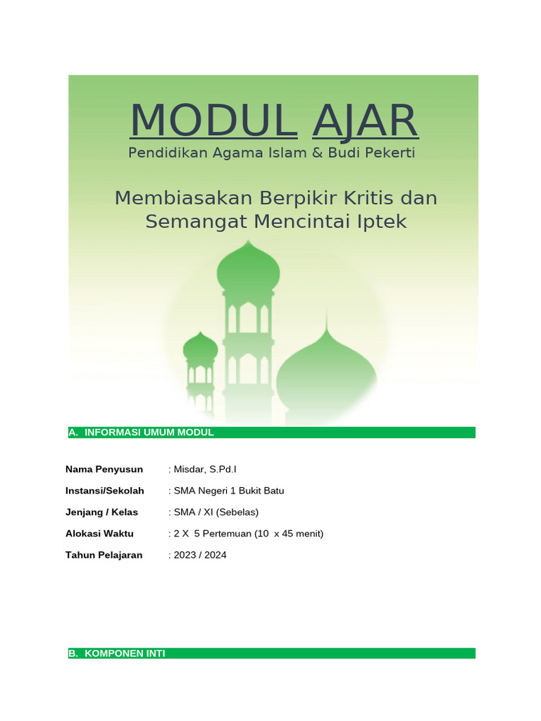 MODUL AJAR 1 Membiasakan Berpikir Kritis Dan Semangat Mencintai Iptek | PDF