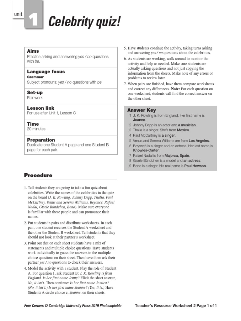 Four Corners Level 1 Unit 1 Celebrity Quiz Worksheet 2 | PDF | Language Arts & Discipline
