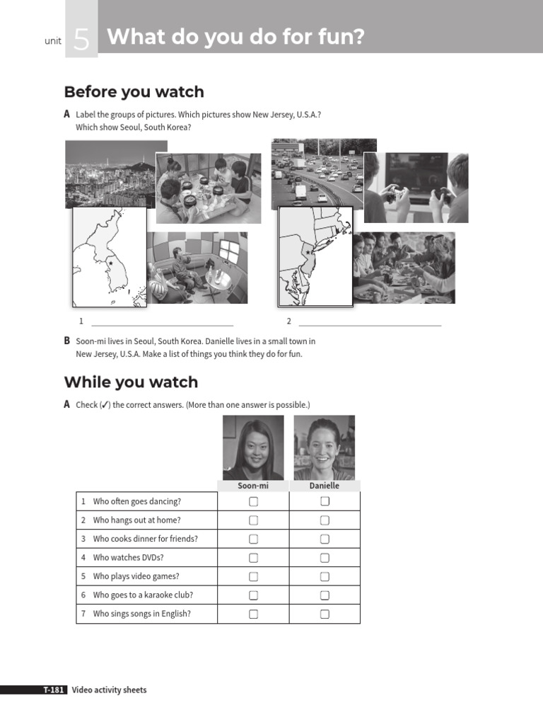 Four Corners Level 1 Unit 5 What Do You Do For Fun Video Activity ...