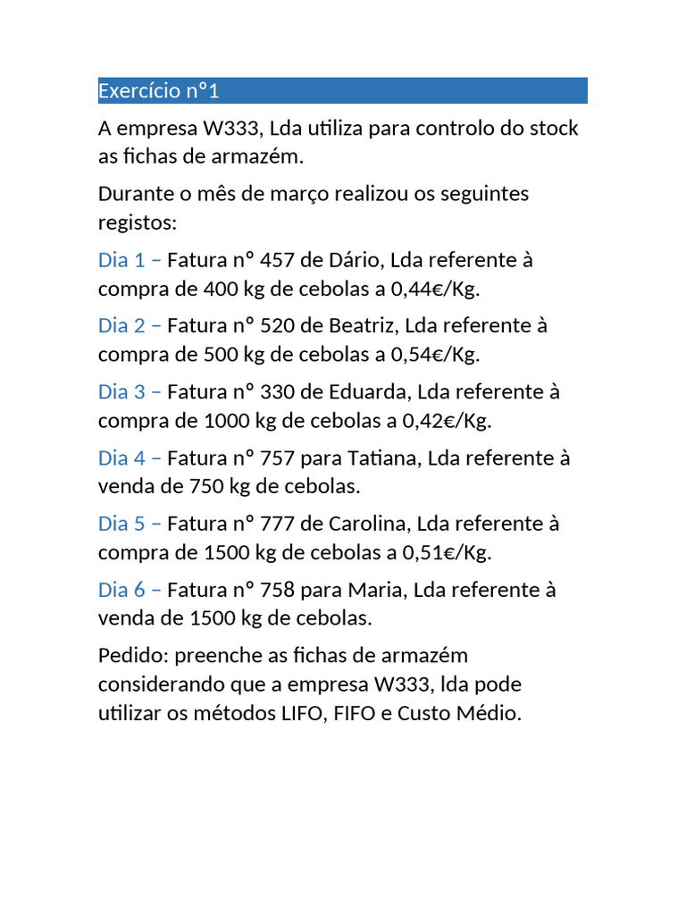 Exercícios Fichas de Armazém | PDF