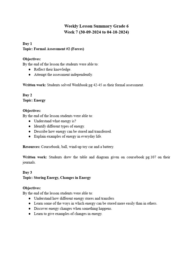 Week 7 Lesson Summary Grade 6 | PDF