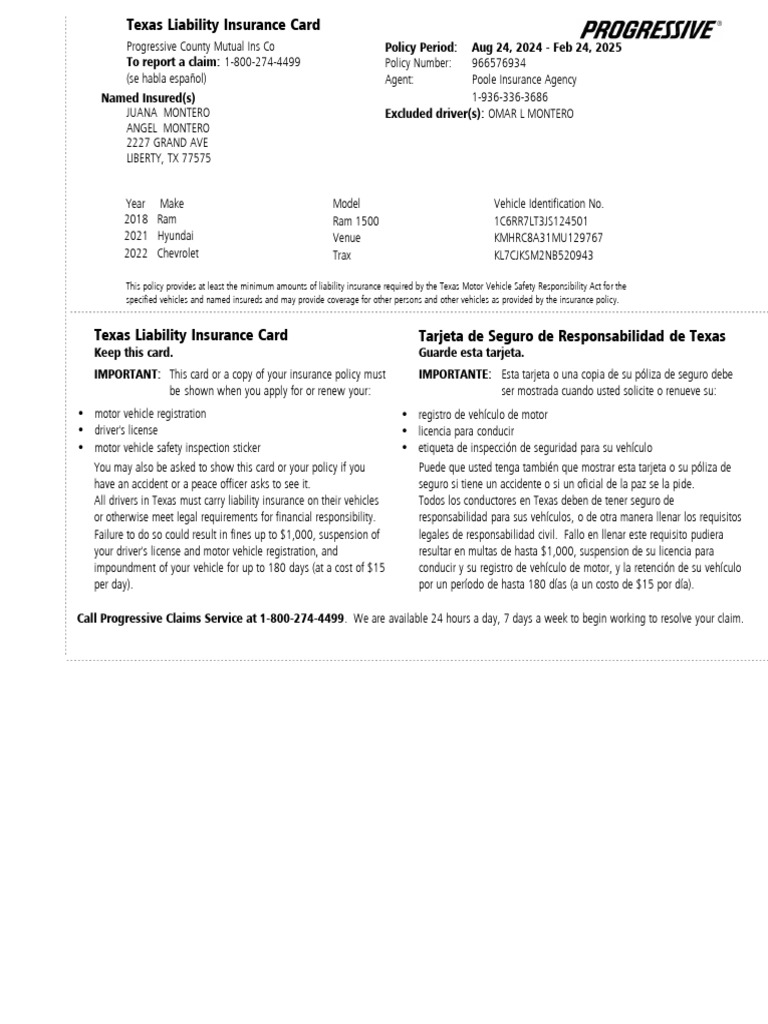Texas Liability Insurance Card | PDF | Finance & Money Management
