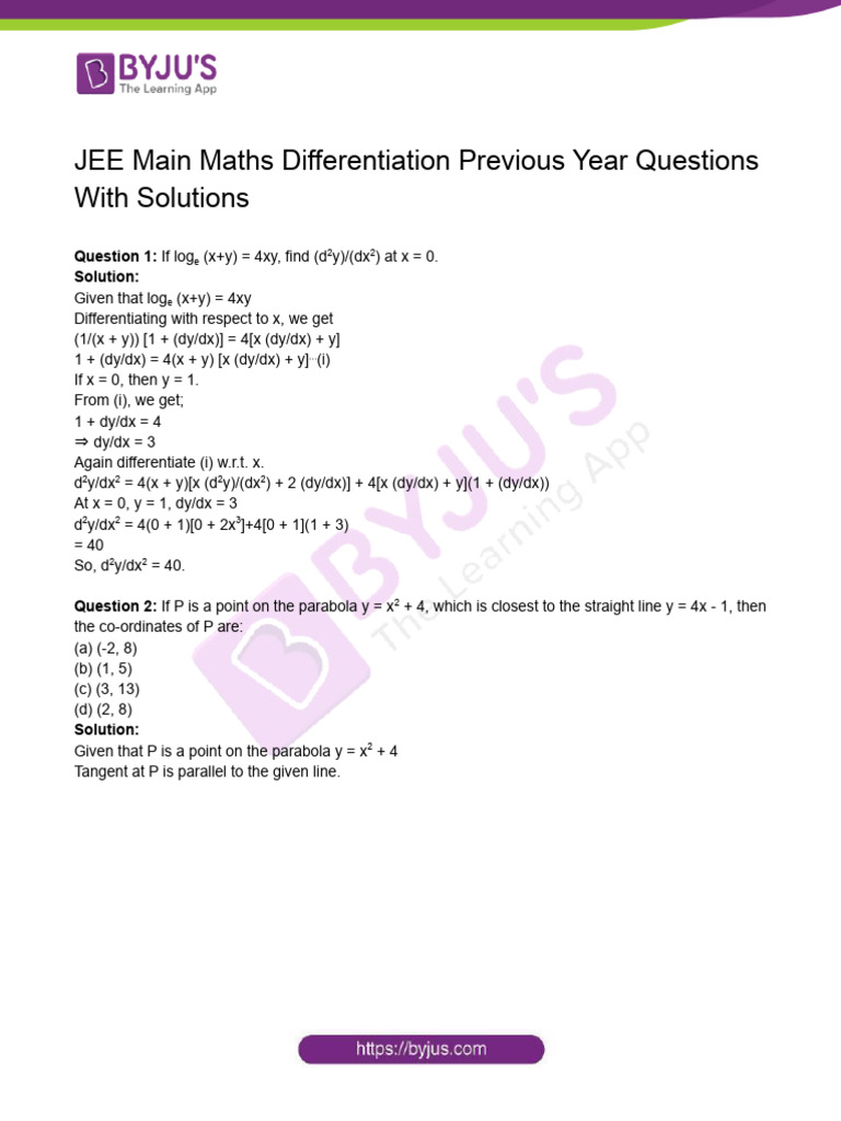 JEE Main Differentiation Previous Year Questions With Solutions | PDF | Area | Mathematical Objects