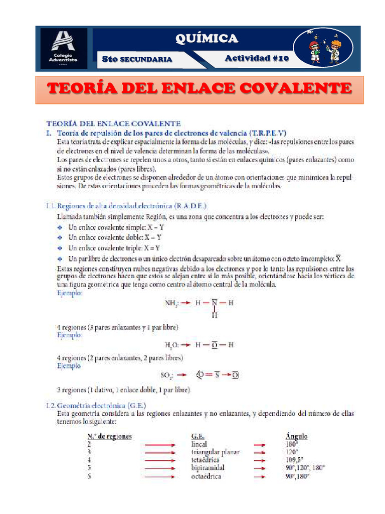 10 Teoría Del Enlace Covalente para Quinto Grado de Secundaria | PDF | Polaridad química ...
