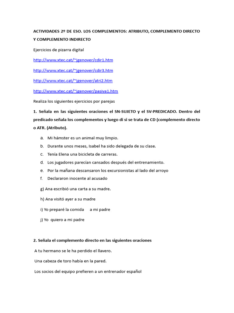 Actividades Atributo y Complemento Directo | PDF | Sintaxis