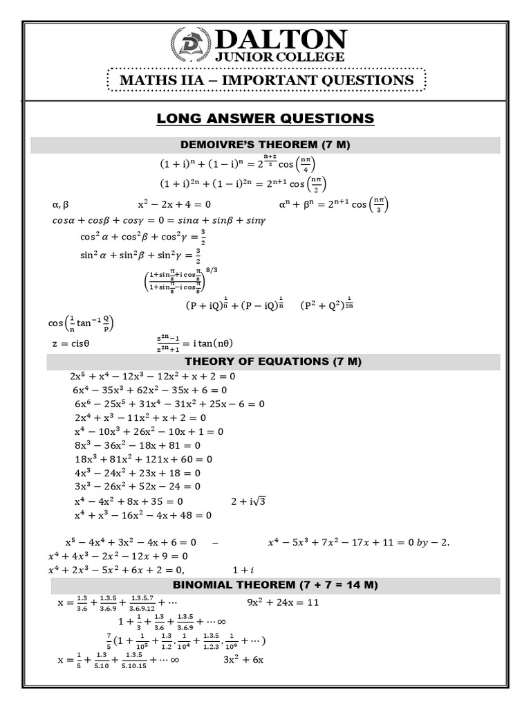 IPE 2nd YEAR MATHS-IIA QUESTIONS Full | PDF | Elementary Mathematics | Complex Analysis