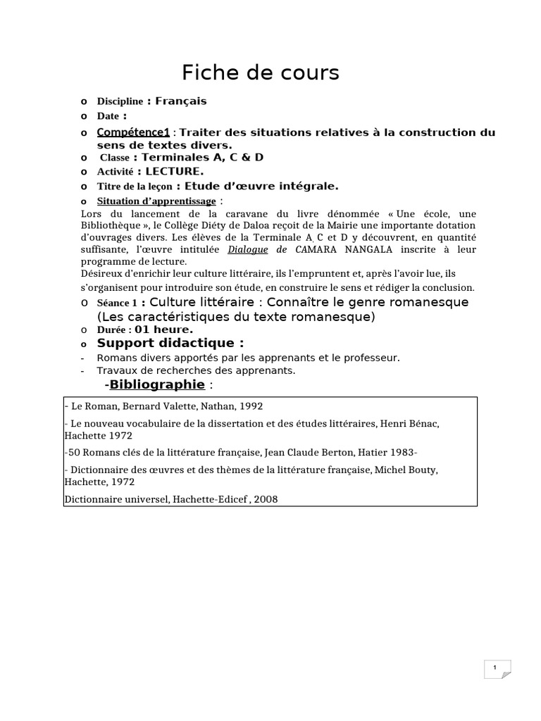 Étude du roman "Dialogue" de Camara Nangala | PDF | Romans | Phrase