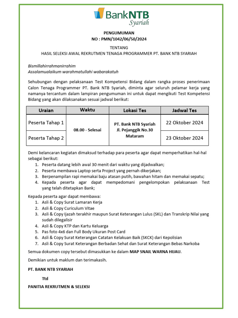 Pengumuman Hasil Seleksi Awal Rekrutmen Tenaga Programmer 2080 | PDF