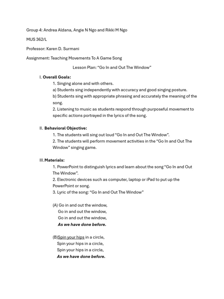 Group 4 Lesson Plan "Go in and Out The Window" | PDF | Human Communication