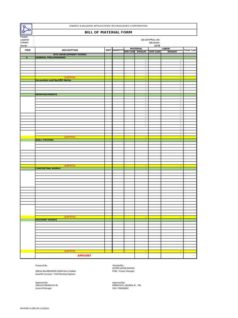 FM PMD 11 Bill of Material Form | PDF | Materials | Concrete