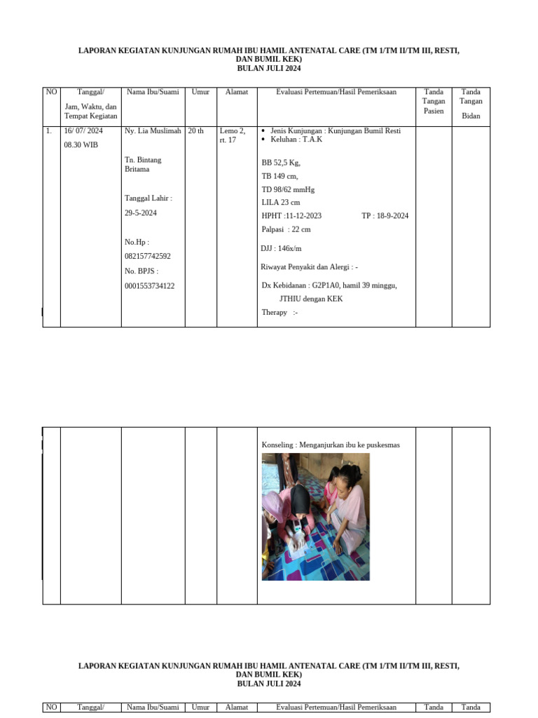 Laporan Kegiatan Kunjungan Rumah Ibu Hamil Antenatal Care | PDF