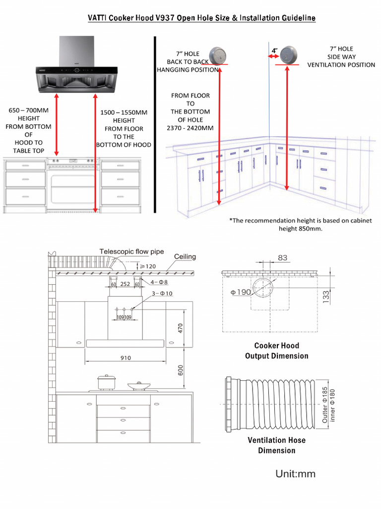 VATTI Cooker Hood V937 Dimension | PDF