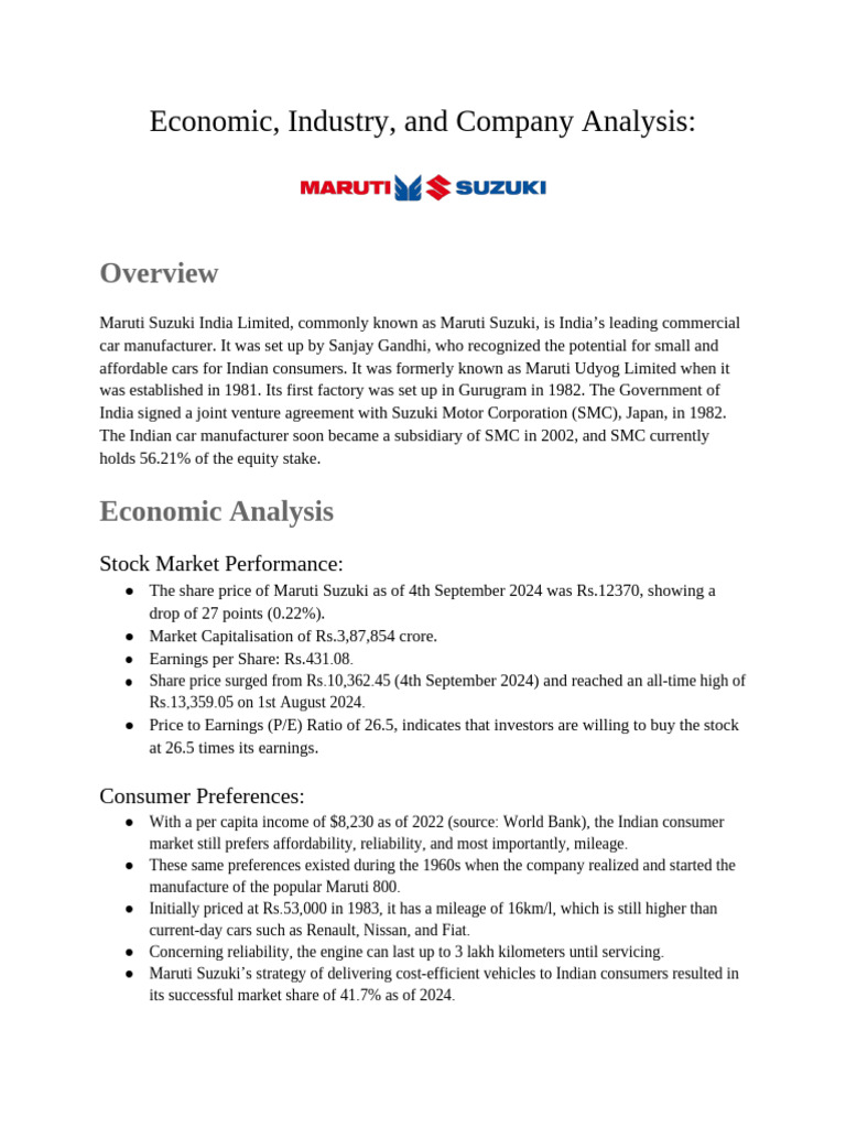 Eic Analysis Of Maruti Pdf Car Economies