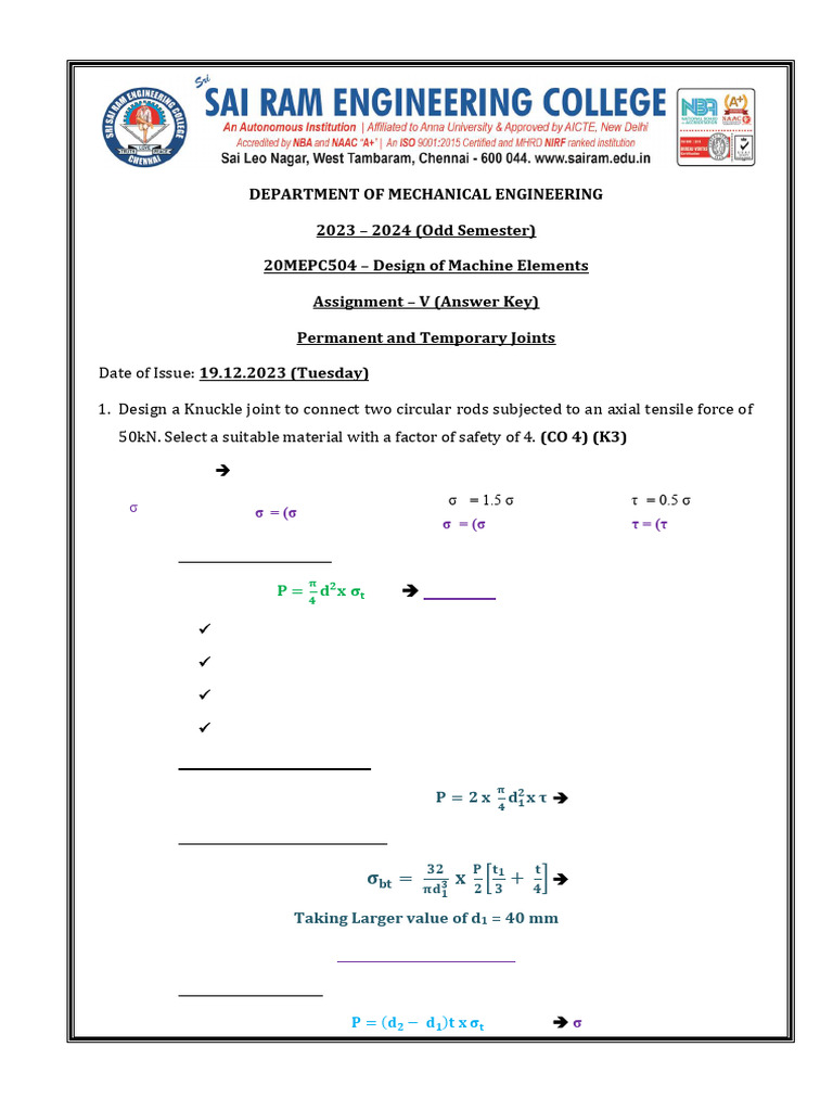 20MEPC504 - DME Assignment V (2023 - 2024) (Key) | PDF | Bending | Stress (Mechanics)