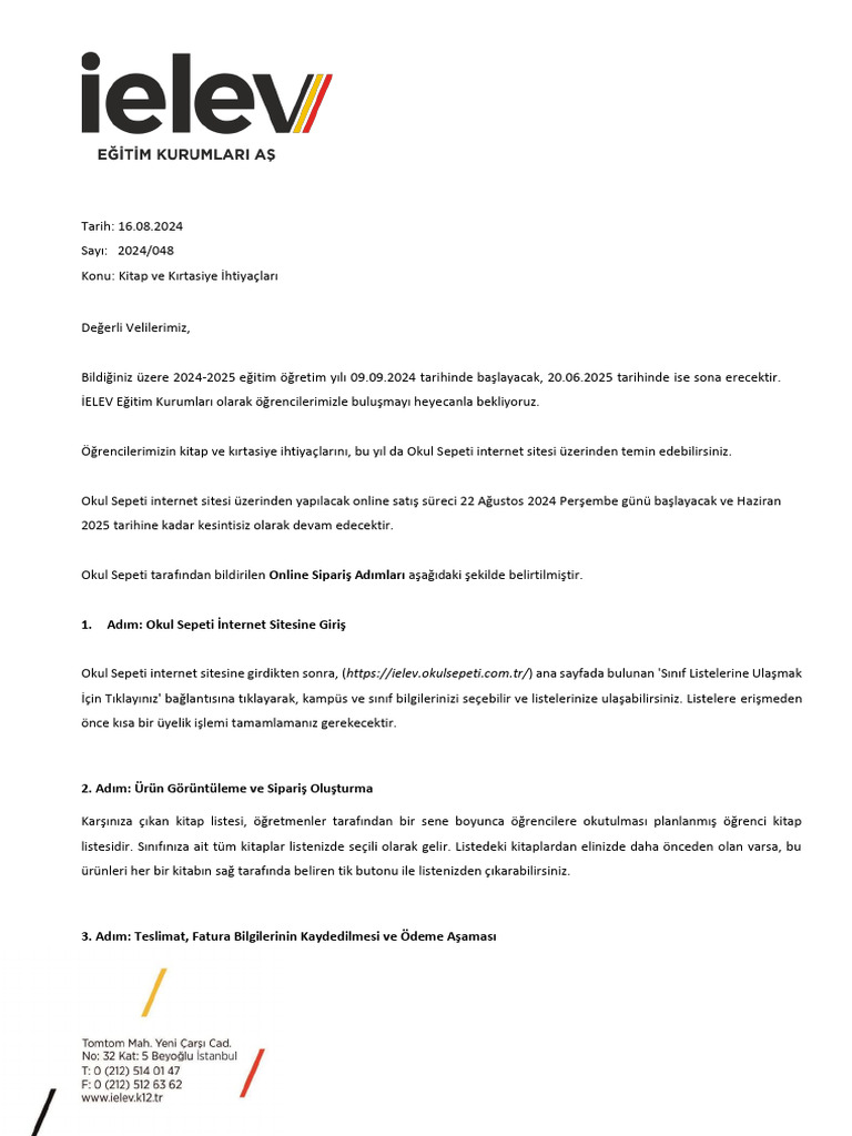 IELEV Kitap Ve Kirtasiye Ihtiyaclari Hakkinda Bilgilendirme | PDF