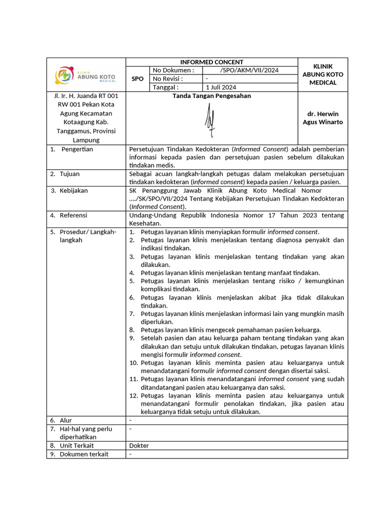 Sop Persetujuan Tindakan Kedokteran (Informed Concent) | PDF | Pengembangan Diri