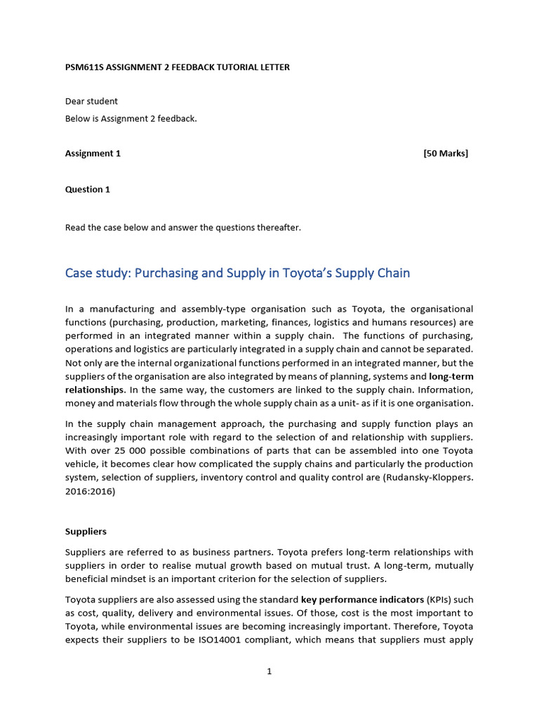 PSM611S Feedback Tutorial Letter For Assignment 2 - S1 of 2023 | PDF | Supply Chain | Supply ...