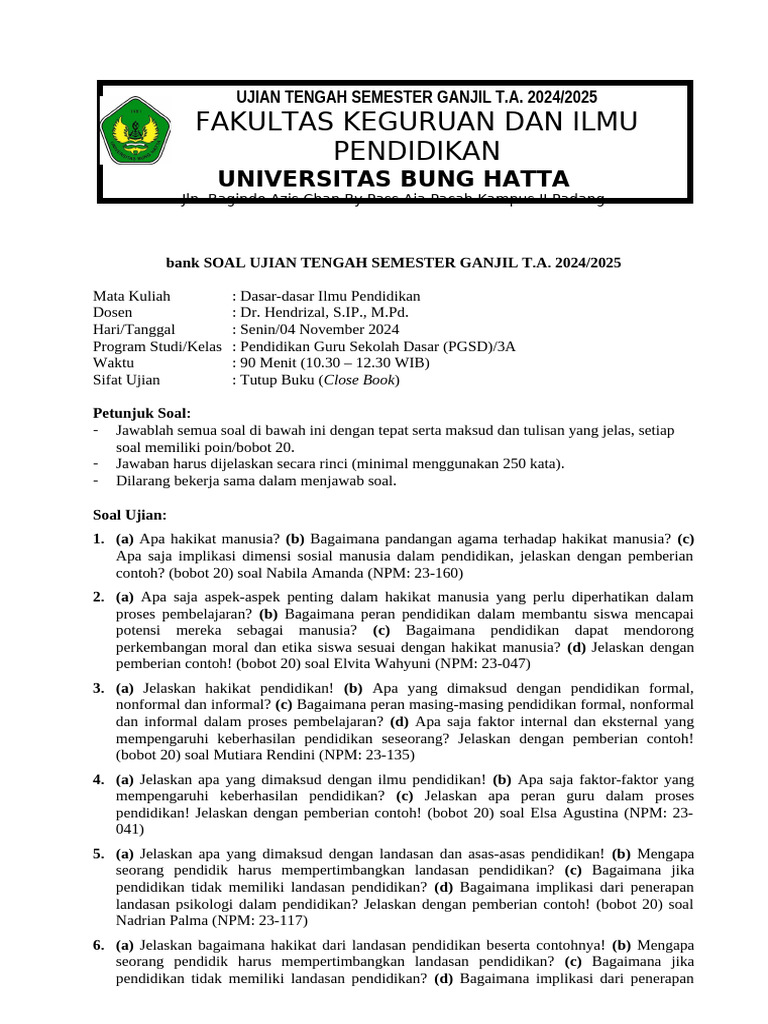 Senin Soal UTS Dasar-Dasar Ilmu Pendidikan DR Hendrizal Kls 3A Senin 10.30 52 Orang Bank Soal 2 ...