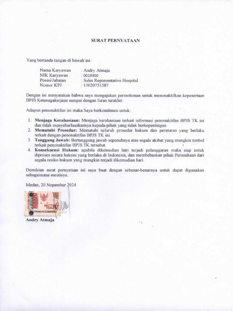 Surat Penonaktifan Bpjstk Andry Atmaja Pdf