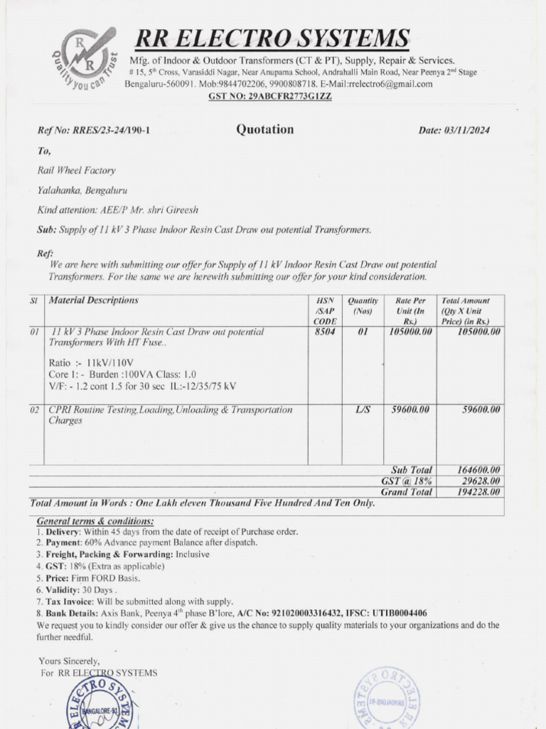 11kV PT R R Electro Systems - Dry Resin Cast - BQ | PDF
