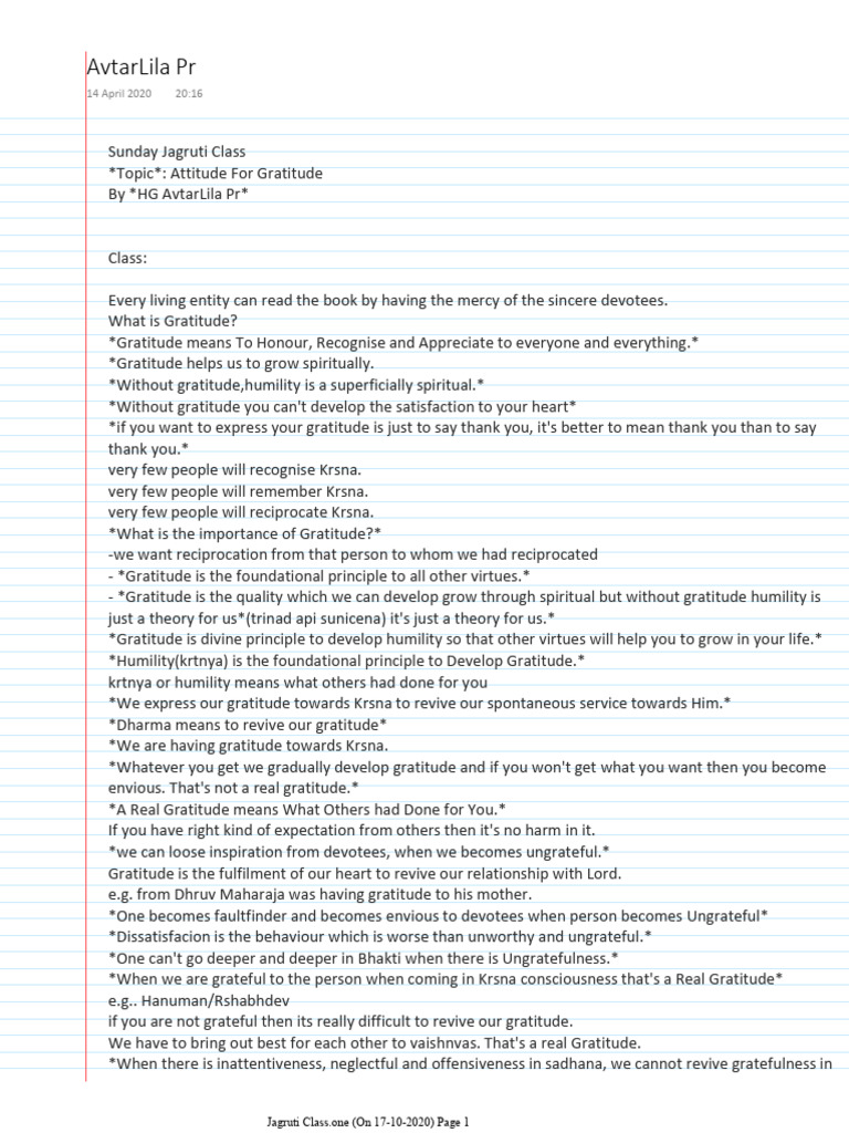 Jagruti Class - Attitude For Gratitude - Avtar Lila Prabhu ISKCON Chowpatty | PDF | Gratitude ...