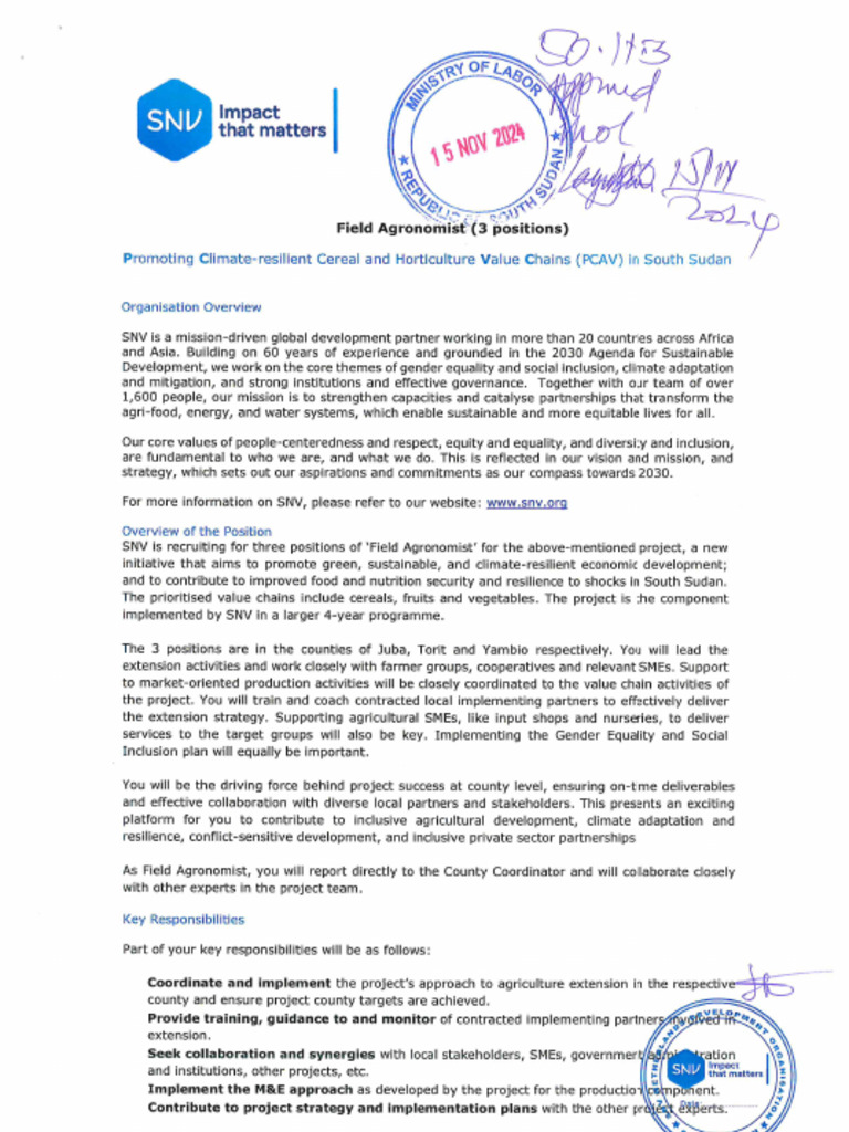 SNV - PCAV Value Chain Field Agronomist (3) - JD | PDF