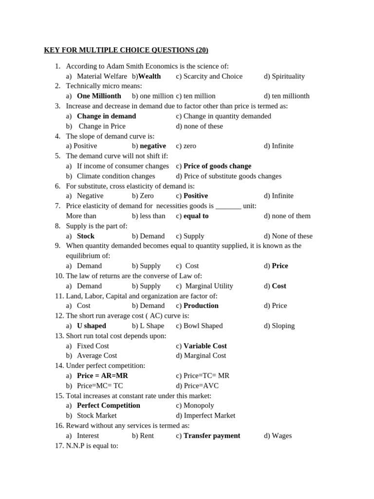 KEY FOR MCQ'S Economics | PDF | Demand | Supply (Economics)