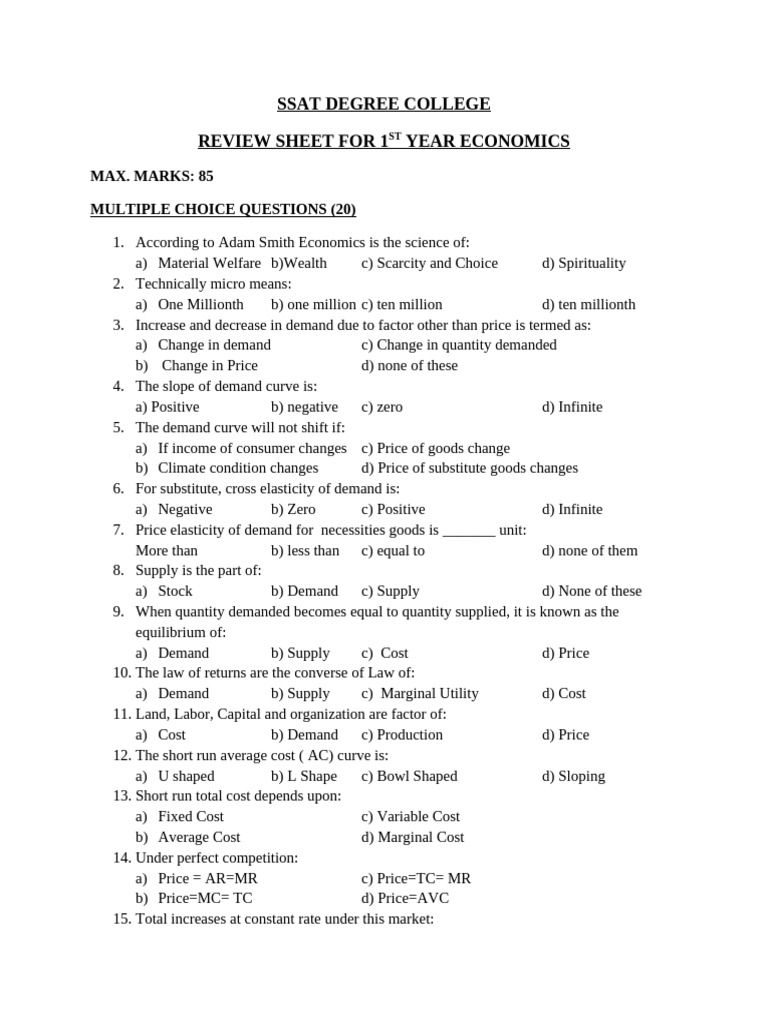 SSAT Economics Review Sheet | PDF | Demand | Supply (Economics)