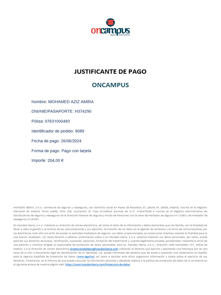 Oncampus Receipt 9089 07631000483 | PDF | Seguro | Documento de identidad