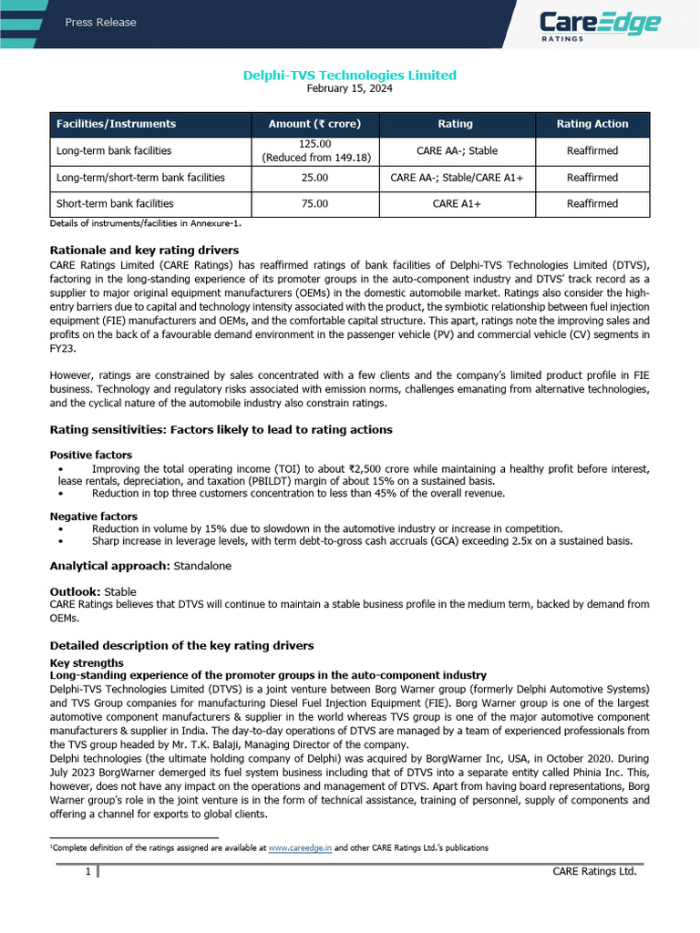 Delphi-TVS Technologies Rating Update | PDF | Electric Vehicle | Banks