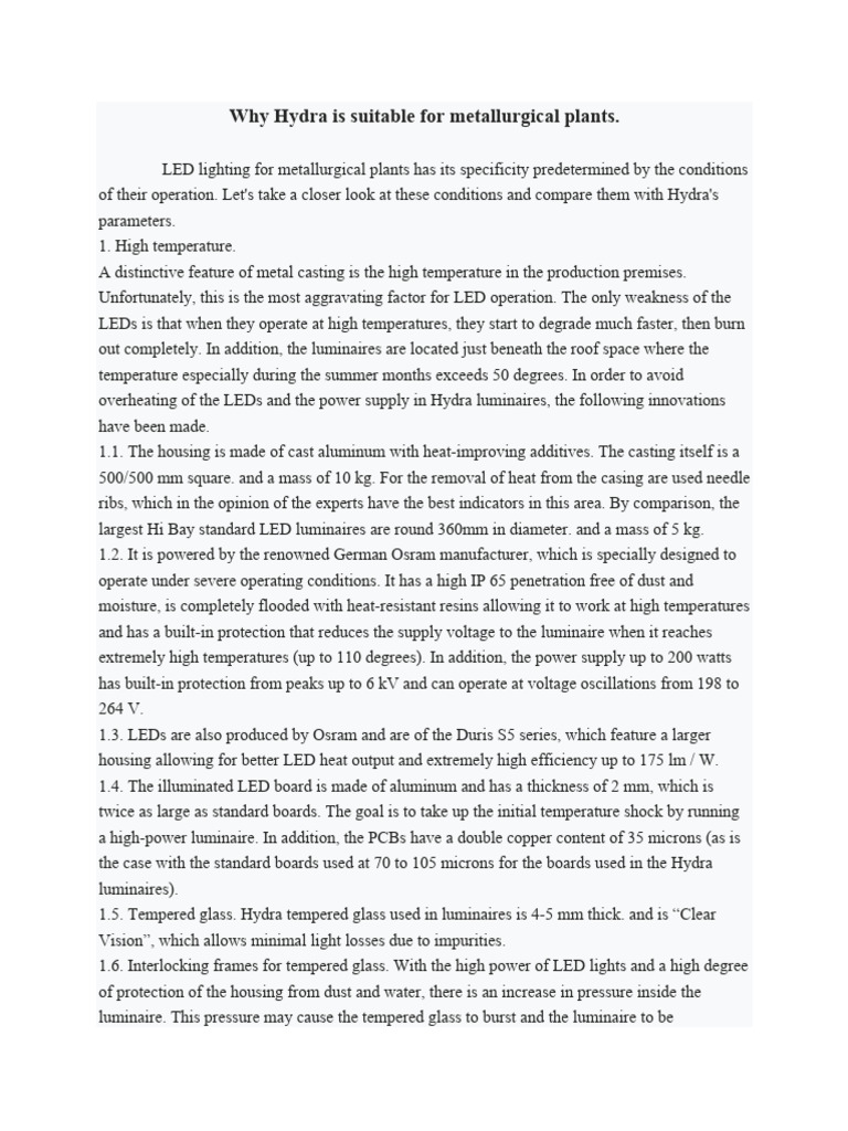Hydra Lighting for Metallurgical Plants | PDF | Light Emitting Diode ...
