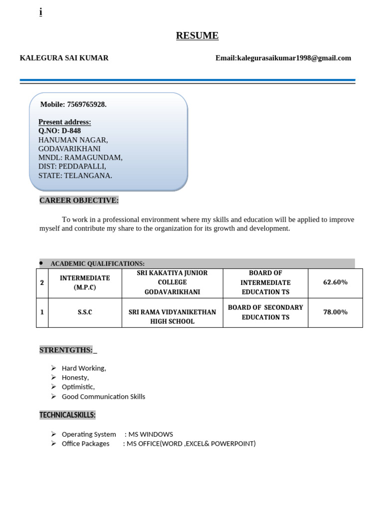 Resume of K. Sai Kumar - Job Seeker | PDF