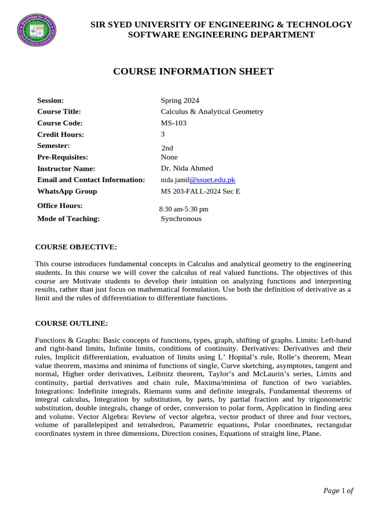 CIS MS-103 Calculus and Analytical Geometry 04-10-2024 | PDF | Integral ...