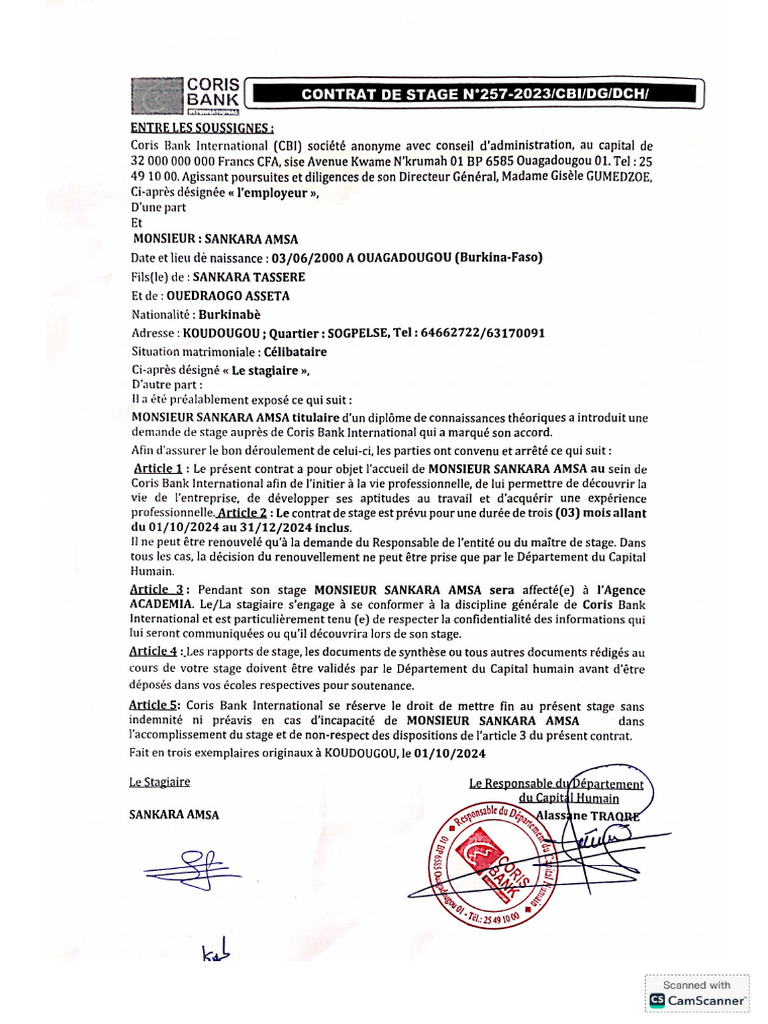 Contrat de Stage Coris Bank 2 | PDF