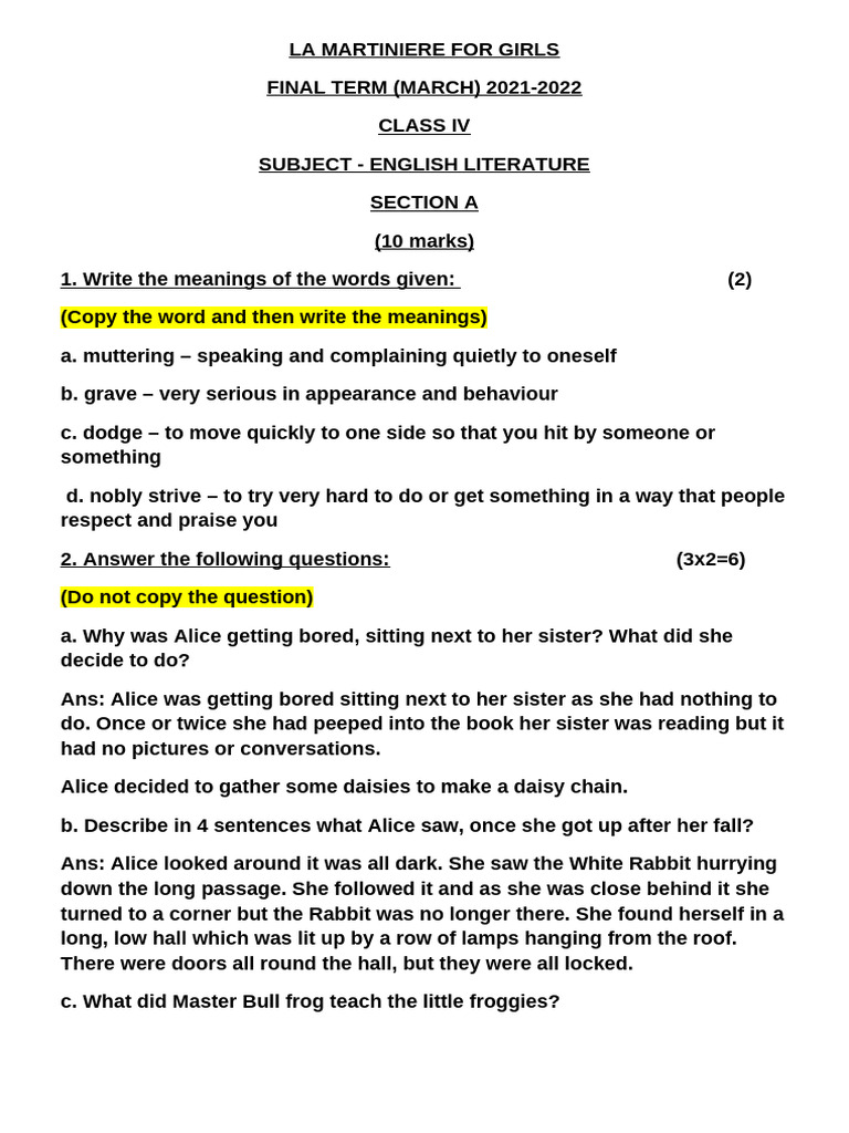 Answer Key Final Term English Literature Section A | PDF | Foreign ...