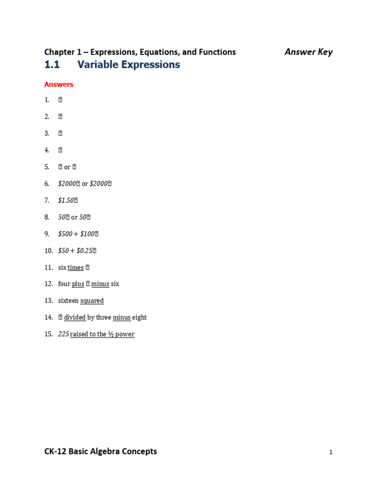 AnswerKey CK-12Chapter01BasicAlgebraConcepts | PDF | Function (Mathematics) | Algebra