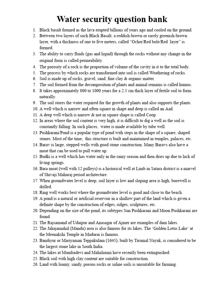 Water Security Question Bank for Std 9 | PDF | Soil | Rock (Geology)