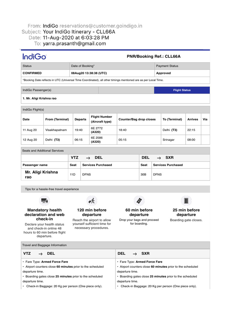 IndiGo Flight Booking Confirmation | PDF | Baggage | Aviation