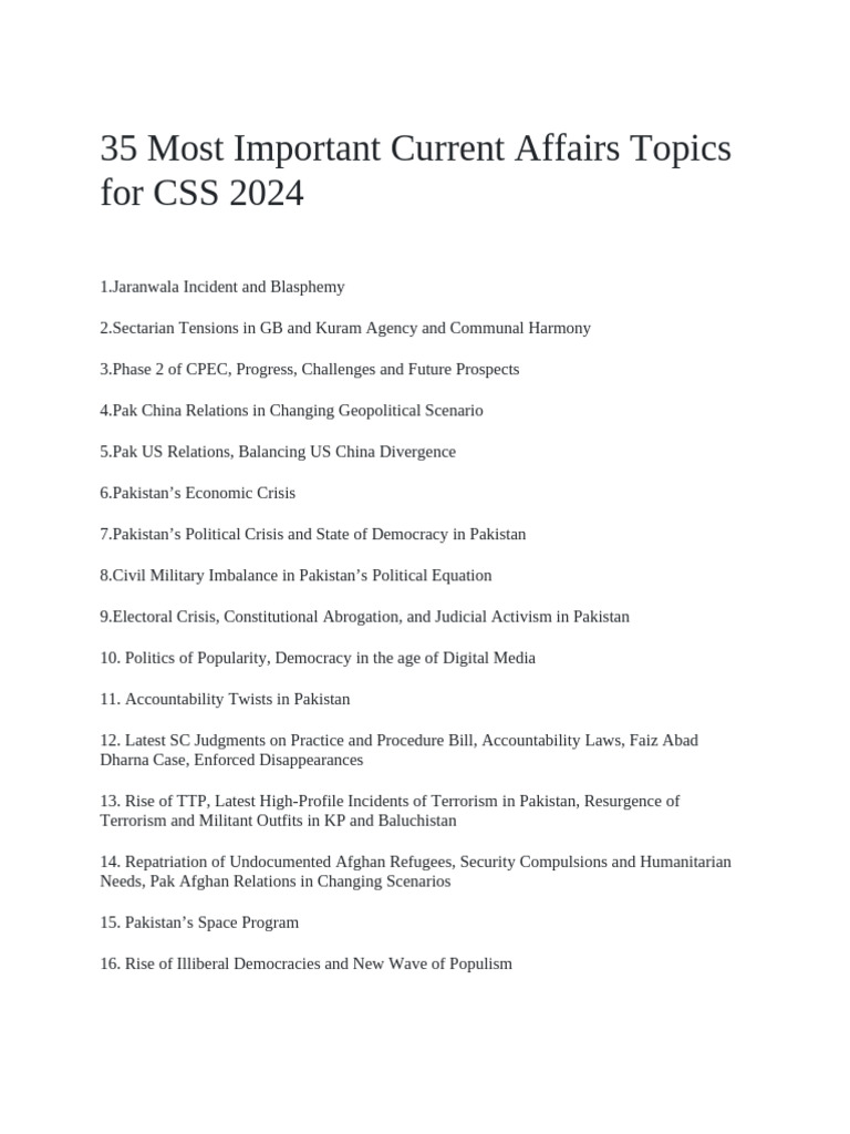 Key Current Affairs for CSS 2024 | PDF