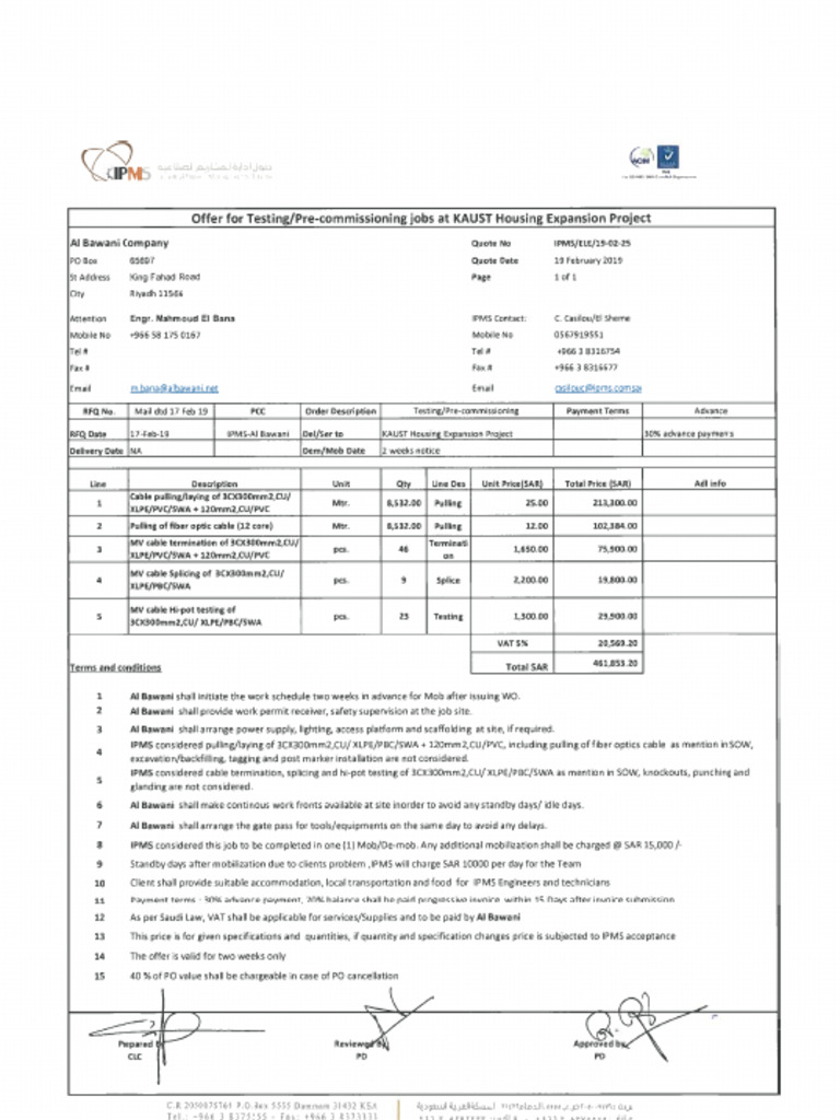 IPMS Offer-ELE-19-25-Al Bawani-Laying, Termination, Testing | PDF