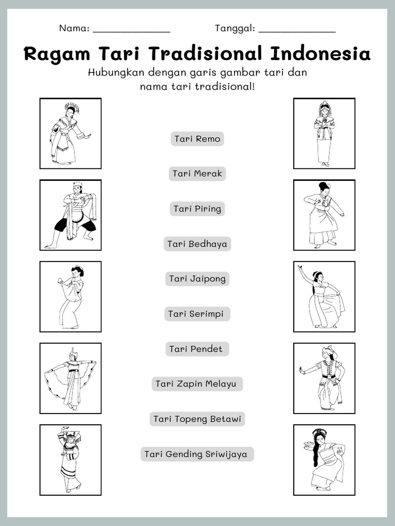 Lembar Kerja Ragam Tari Tradisional Indonesia Ilustrasi Hitam Putih | PDF