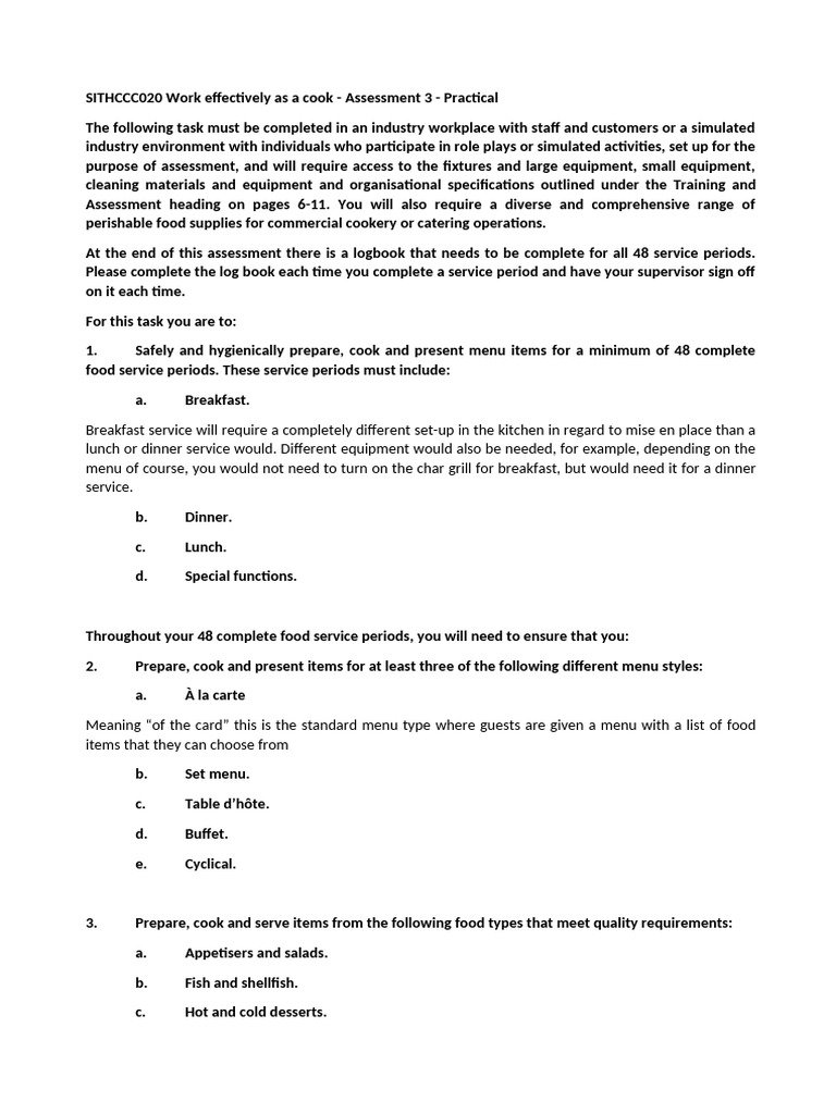 SITHCCC020 Work Effectively As A Cook - Assessment 3 | PDF | Menu | Grilling