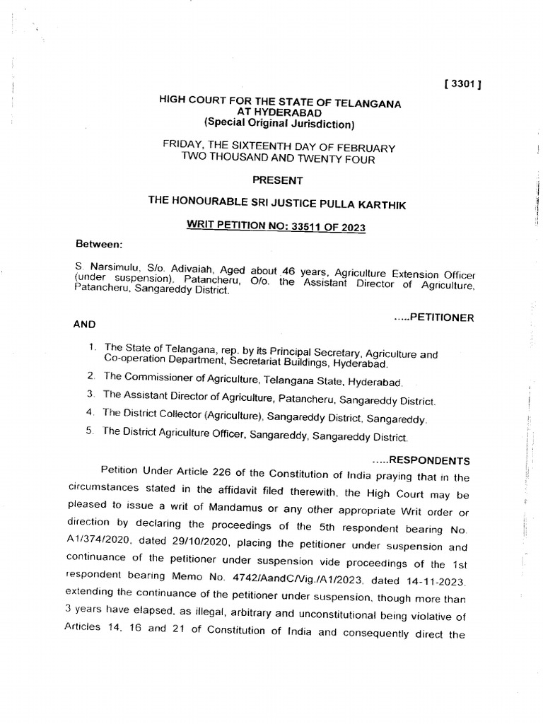 Telangana High Court Writ Petition 3351/2023 | PDF | Common Law | Public Law