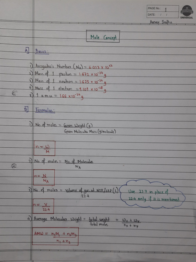 Mole Concept Formulas | PDF